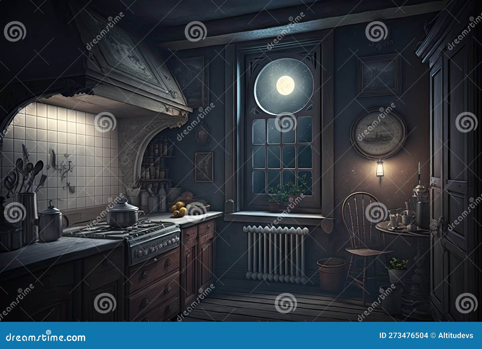 A Dark and Mysterious Kitchen, with the only Light Provided by the Moon ...