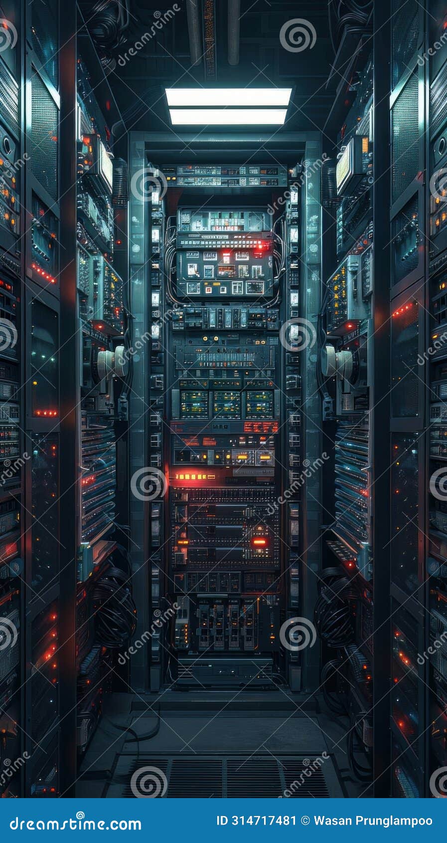 A Dark and Mysterious Server Room with Red Lights Stock Image - Image ...
