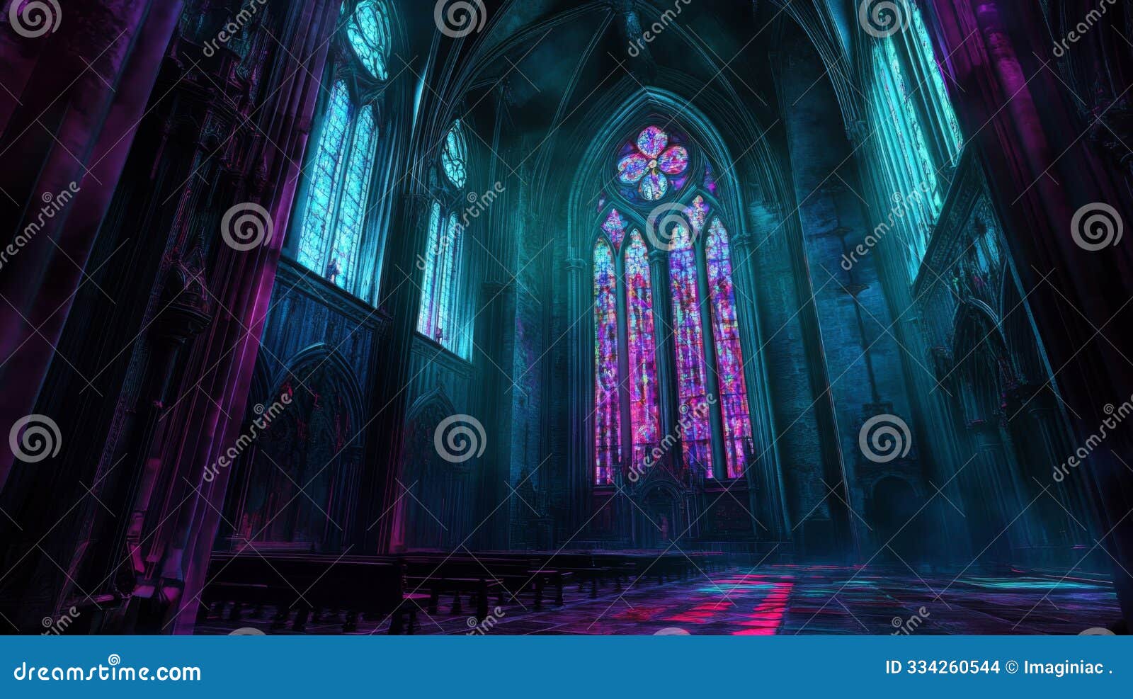 A Dark and Mystical Gothic Cathedral Interior with Stained Glass ...