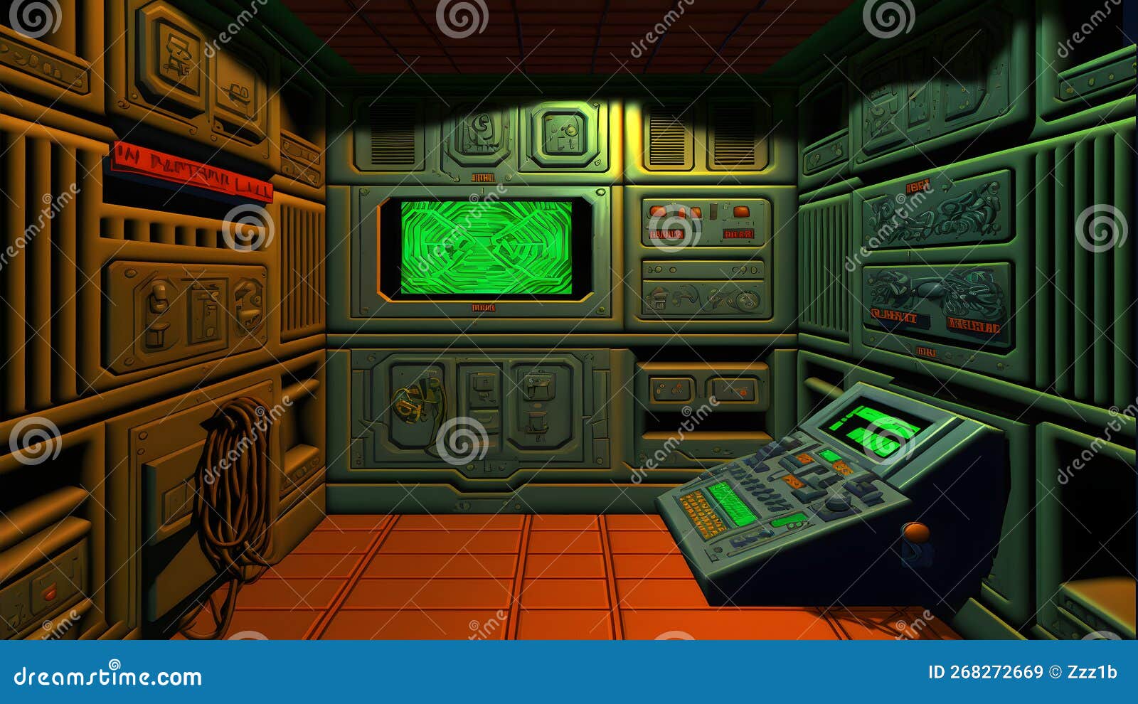 Dark Sci-fi Narrow Space Station Interior in Green Colors, Neural ...