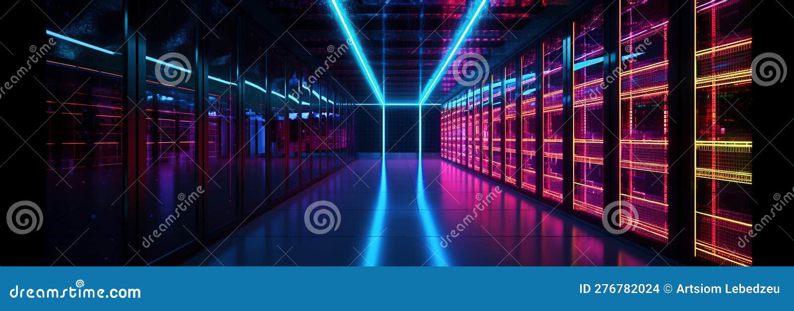 Dark with Neon Blue, Pink Lights Server Room Data Center Storage ...