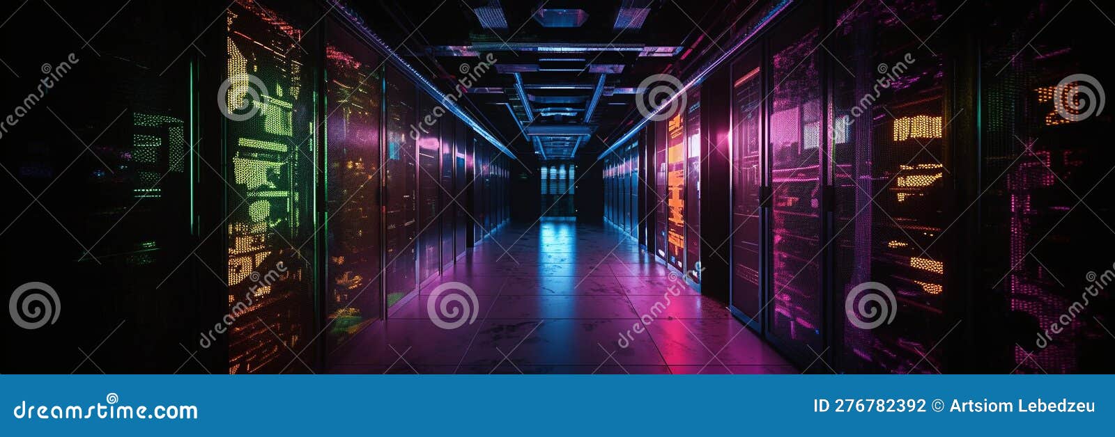 Dark with Neon Blue, Pink Lights Server Room Data Center Storage ...