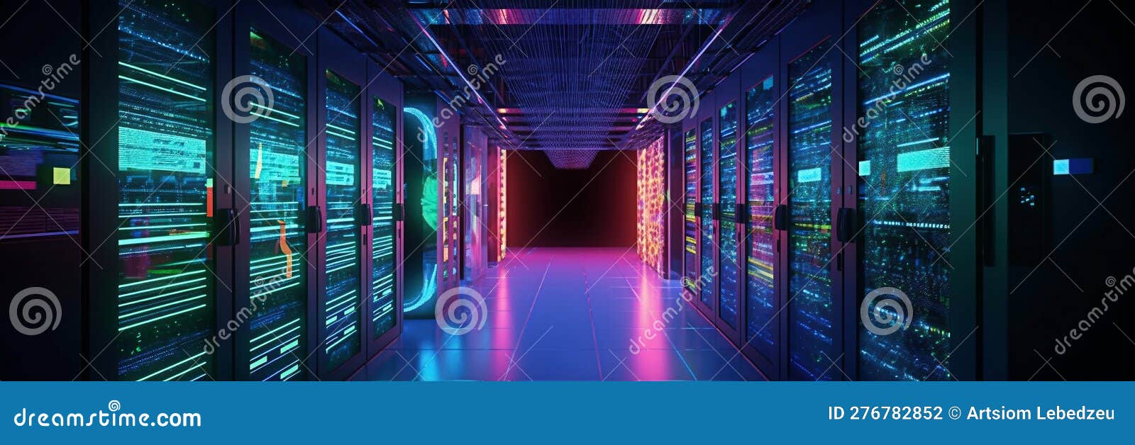 Dark with Neon Blue, Pink Lights Server Room Data Center Storage ...