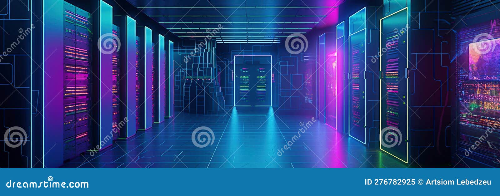 Dark with Neon Blue, Pink Lights Server Room Data Center Storage ...