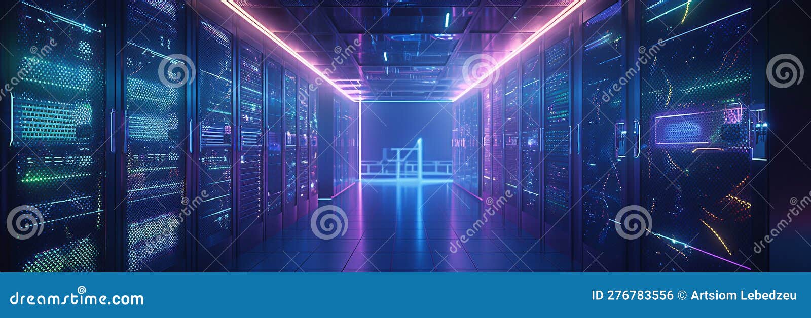 Dark with Neon Blue, Pink Lights Server Room Data Center Storage ...