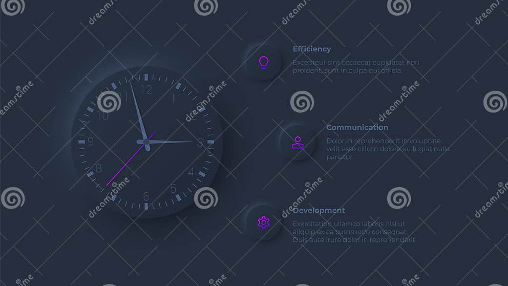 Dark Neumorphic Clock Illustration. Schedule or Timetable Visualization Stock Vector ...