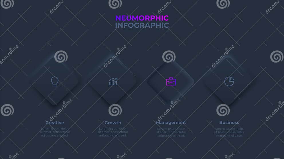 Dark Neumorphic Infographic with 4 Steps, Options, Parts or Processes ... Dark Neumorphic Infographic with 4 Steps, Options, Parts or Processes ...