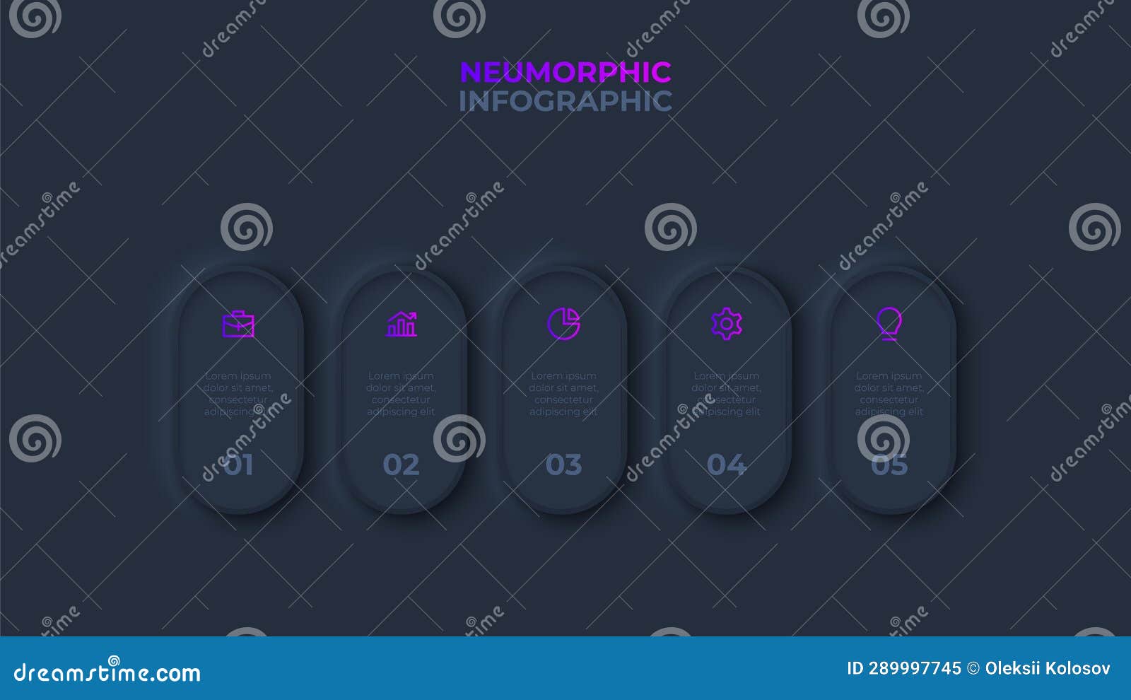 Dark Neumorphic Rounded Elements Placed in Horizontal Row. Infographic Design Template with 5 ...