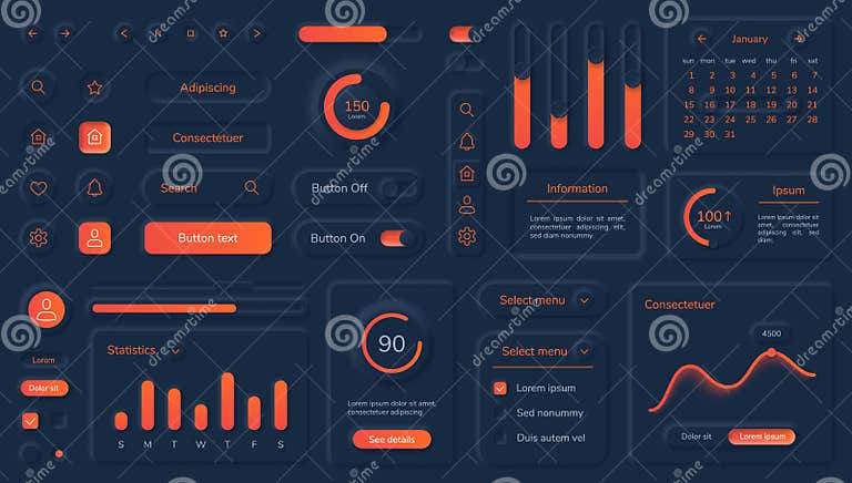 Dark Neumorphic User Interface Elements with Neon Buttons and Bars ...