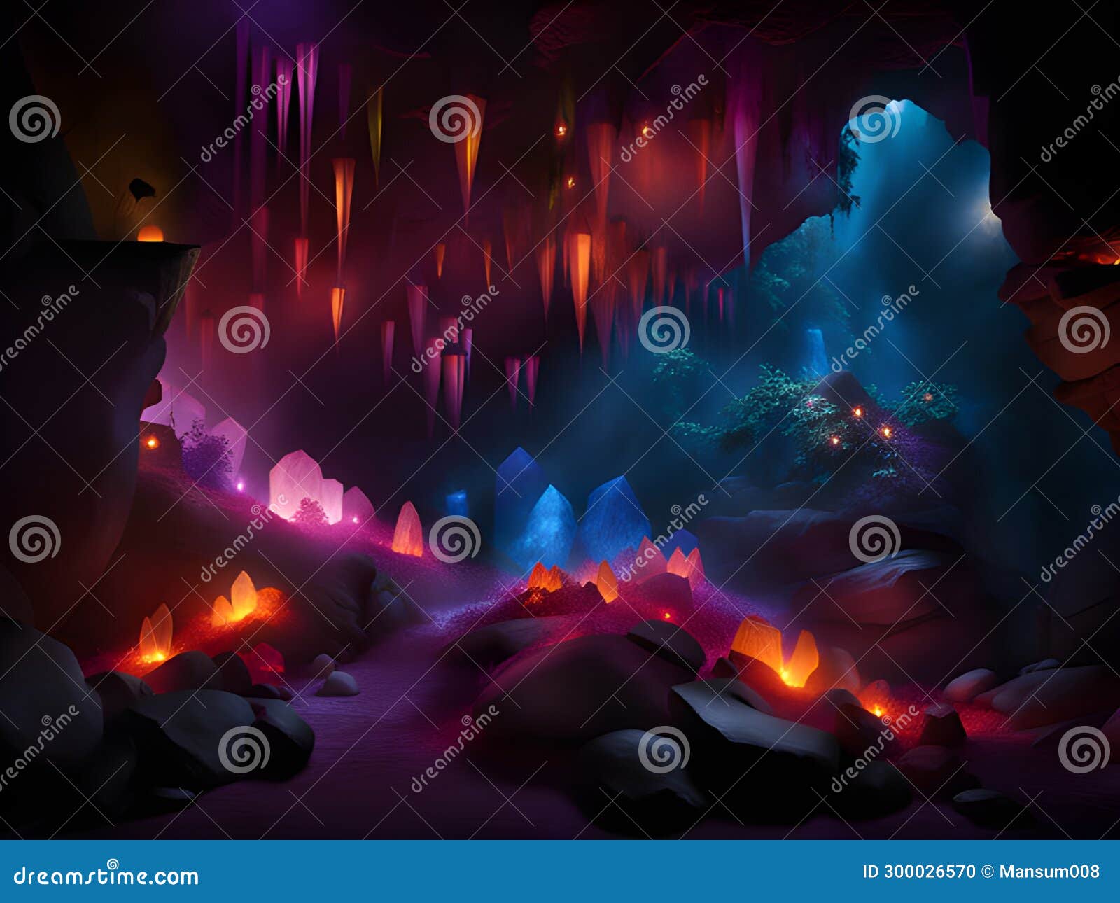 Dark Night Cave with Colorful Lights and Dark Mountains Stock ...