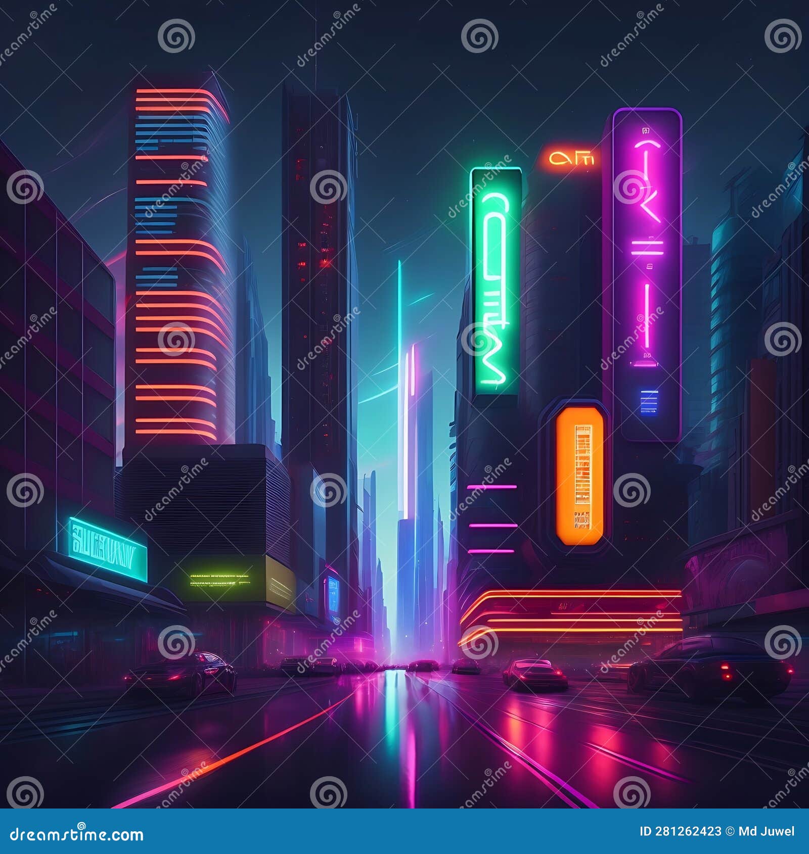 Dark Night City with Many Neon Signs. Stock Image - Image of panorama ...