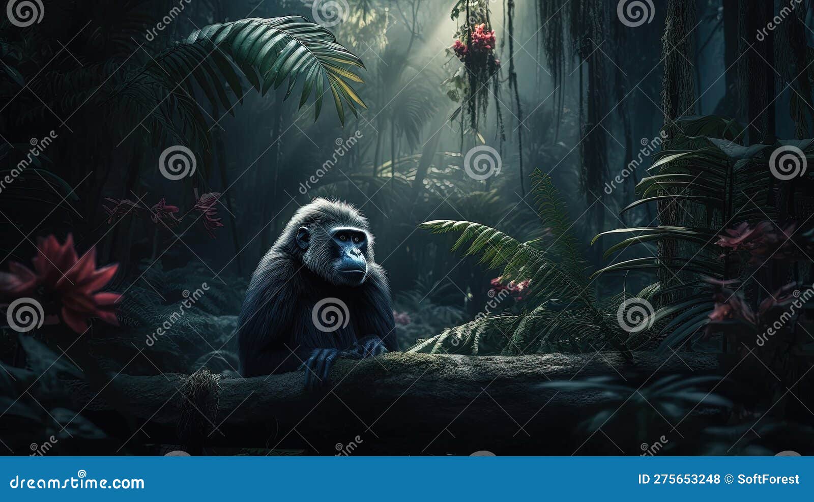 Dark Night Jungle with a Mandrills, Generative Ai Stock Illustration ...