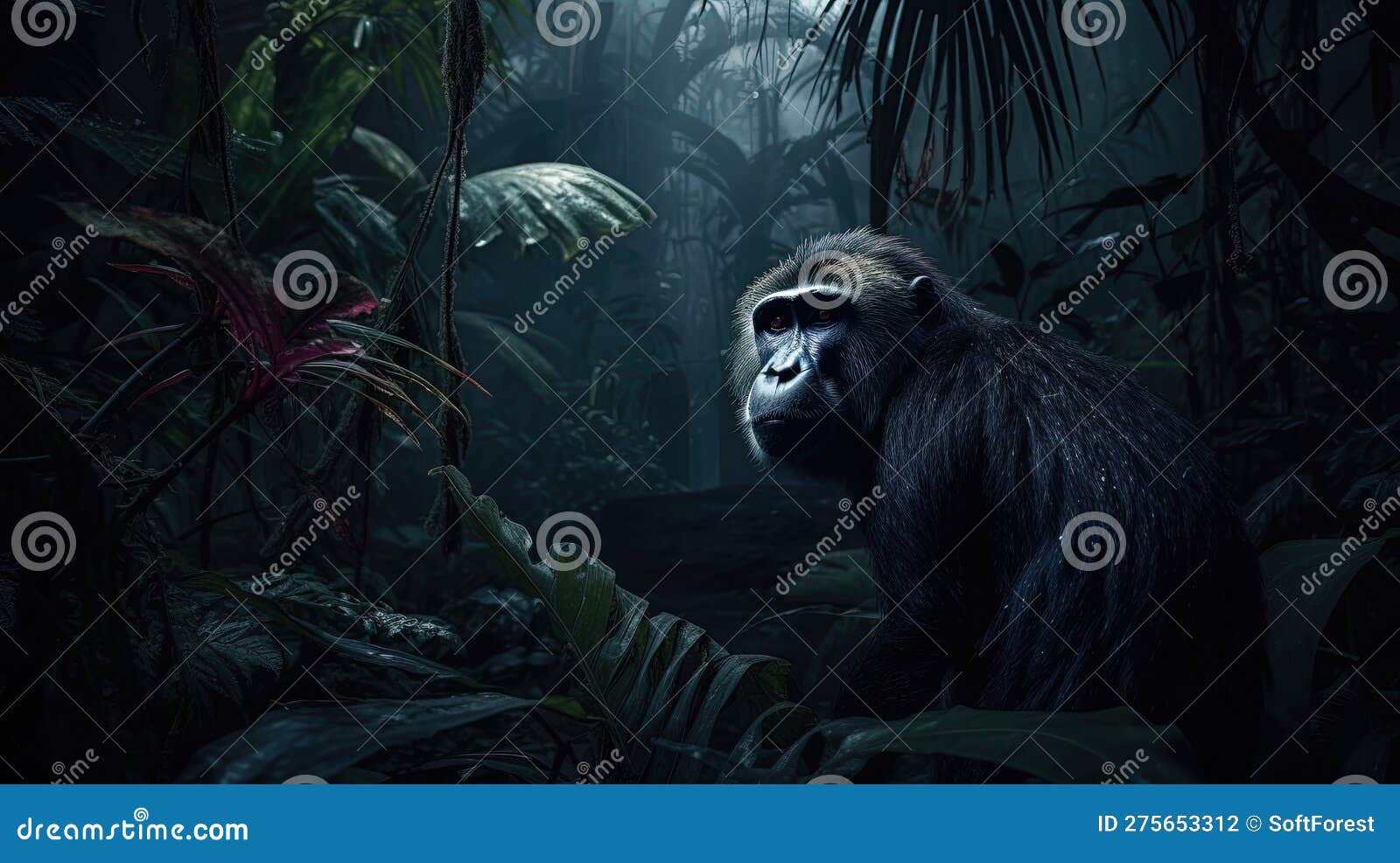 Dark Night Jungle with a Mandrills, Generative Ai Stock Illustration ...