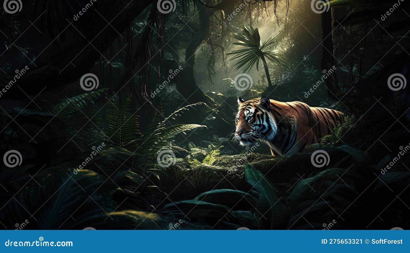 Dark Night Jungle with a Tiger, Generative Ai Stock Illustration ...