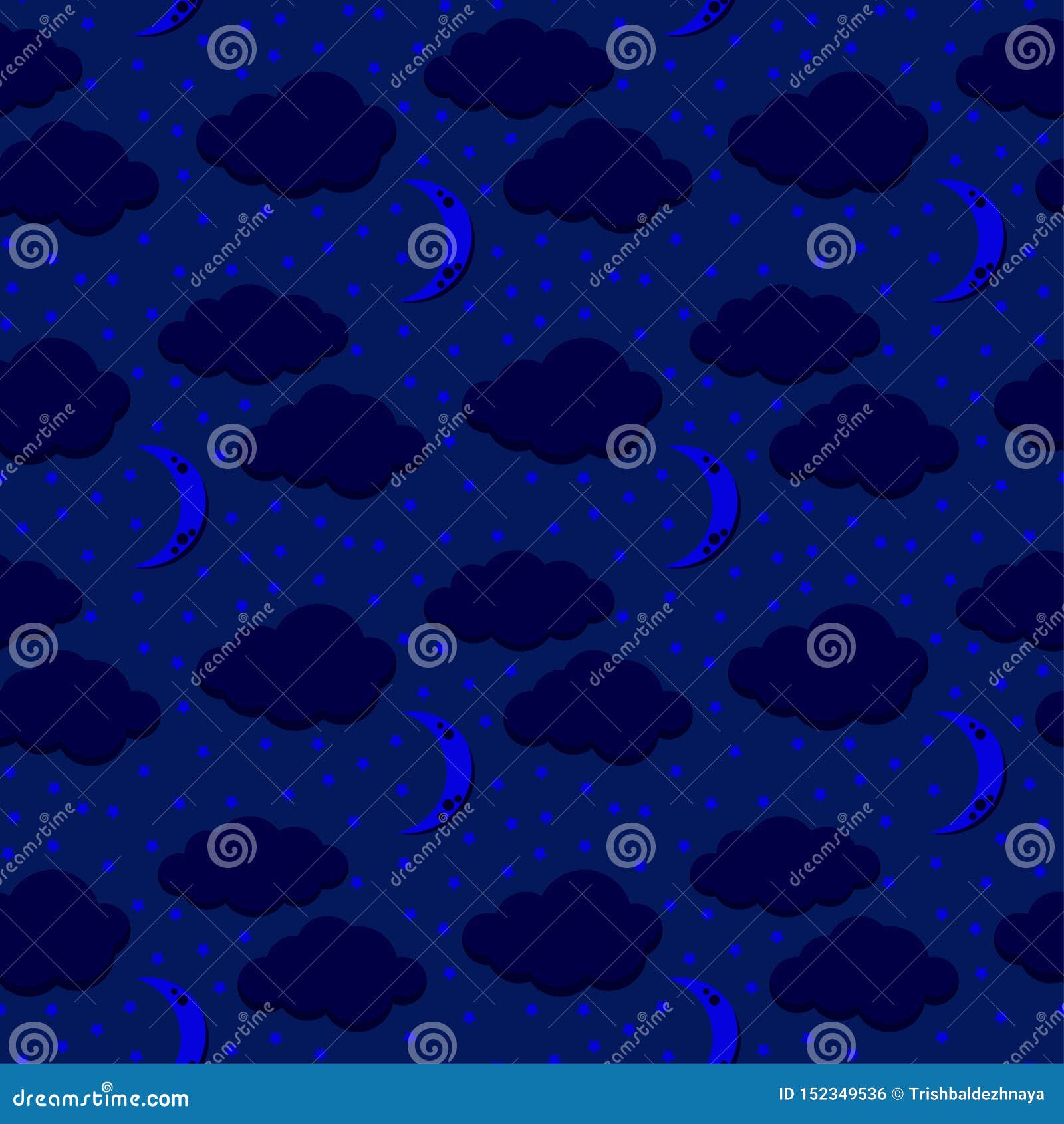 Dark Night Sky Cute Vector Seamless Pattern with Fluffy Clouds, Stars ...
