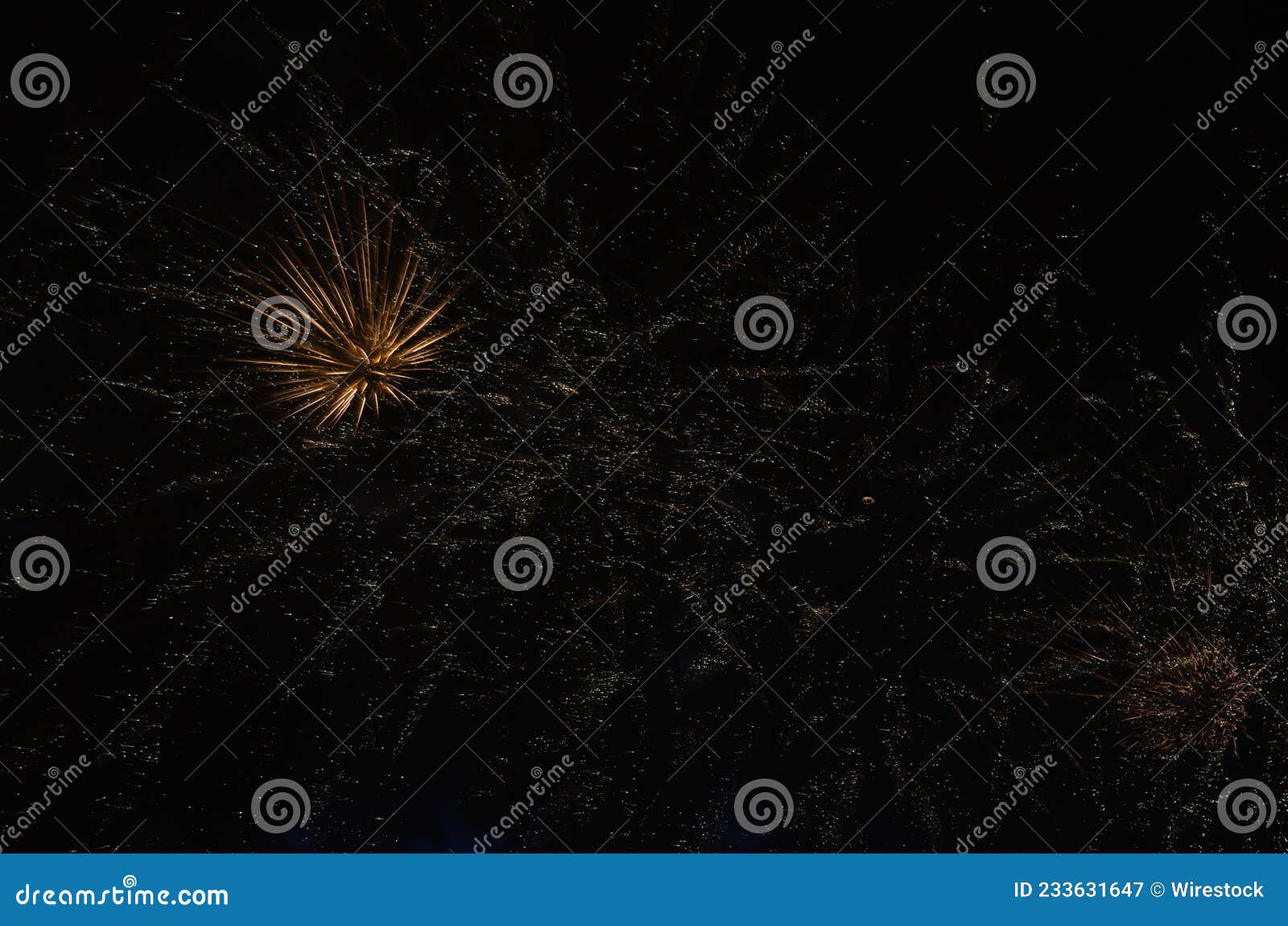 Dark Night Sky with Fireworks in Yellow Colors. Stock Image - Image of ...