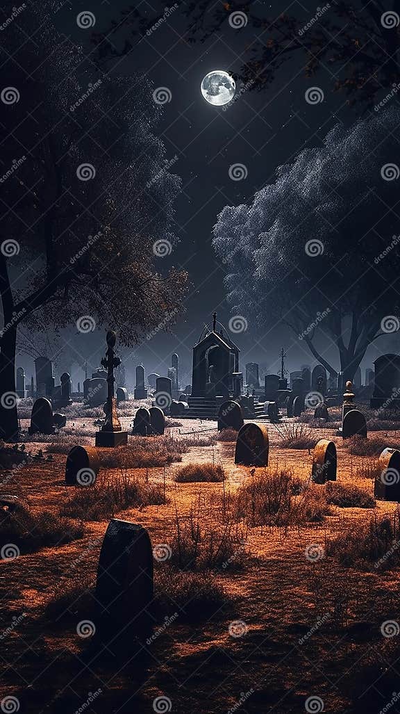 Moonlit Graveyard Scene with Gravestones. Stock Illustration ...