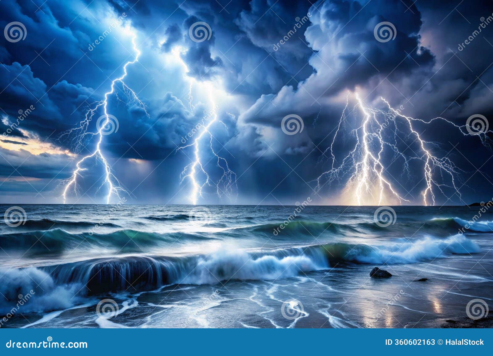 Dark Ocean Storm with Lightning and Waves at Night Stock Illustration - Illustration of power ...