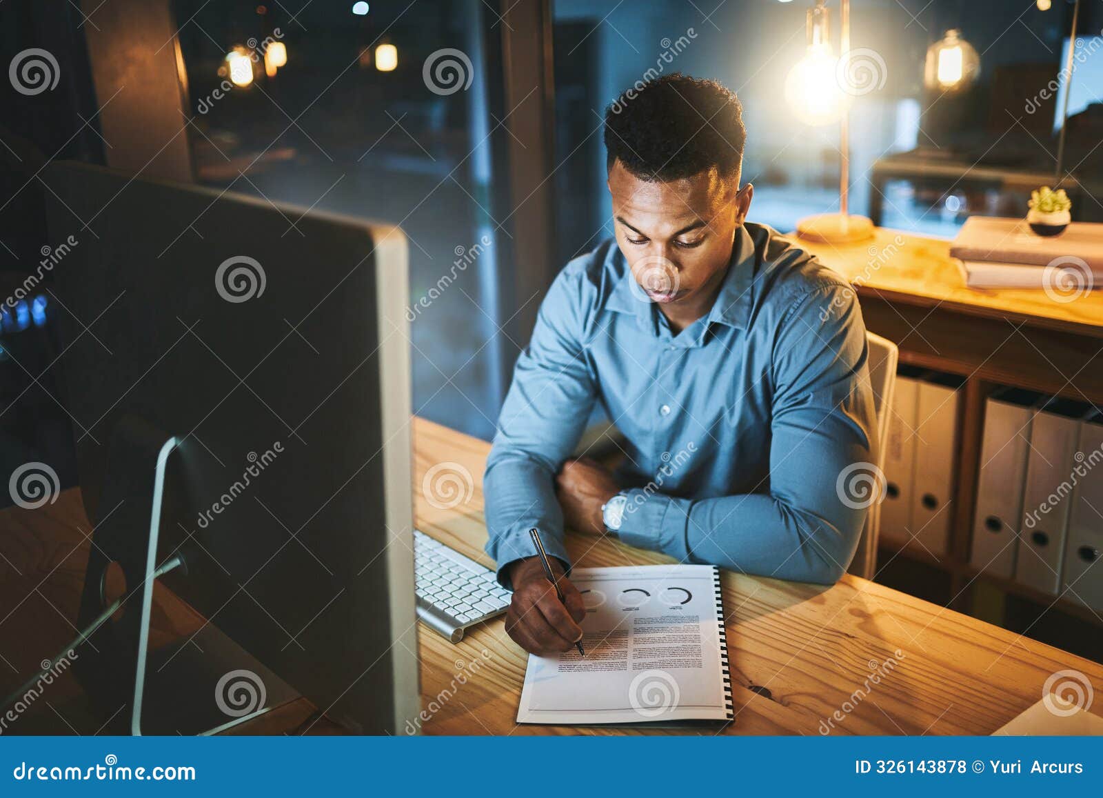 Dark, Office and Black Man at Computer with Notes, Business Plan and ...
