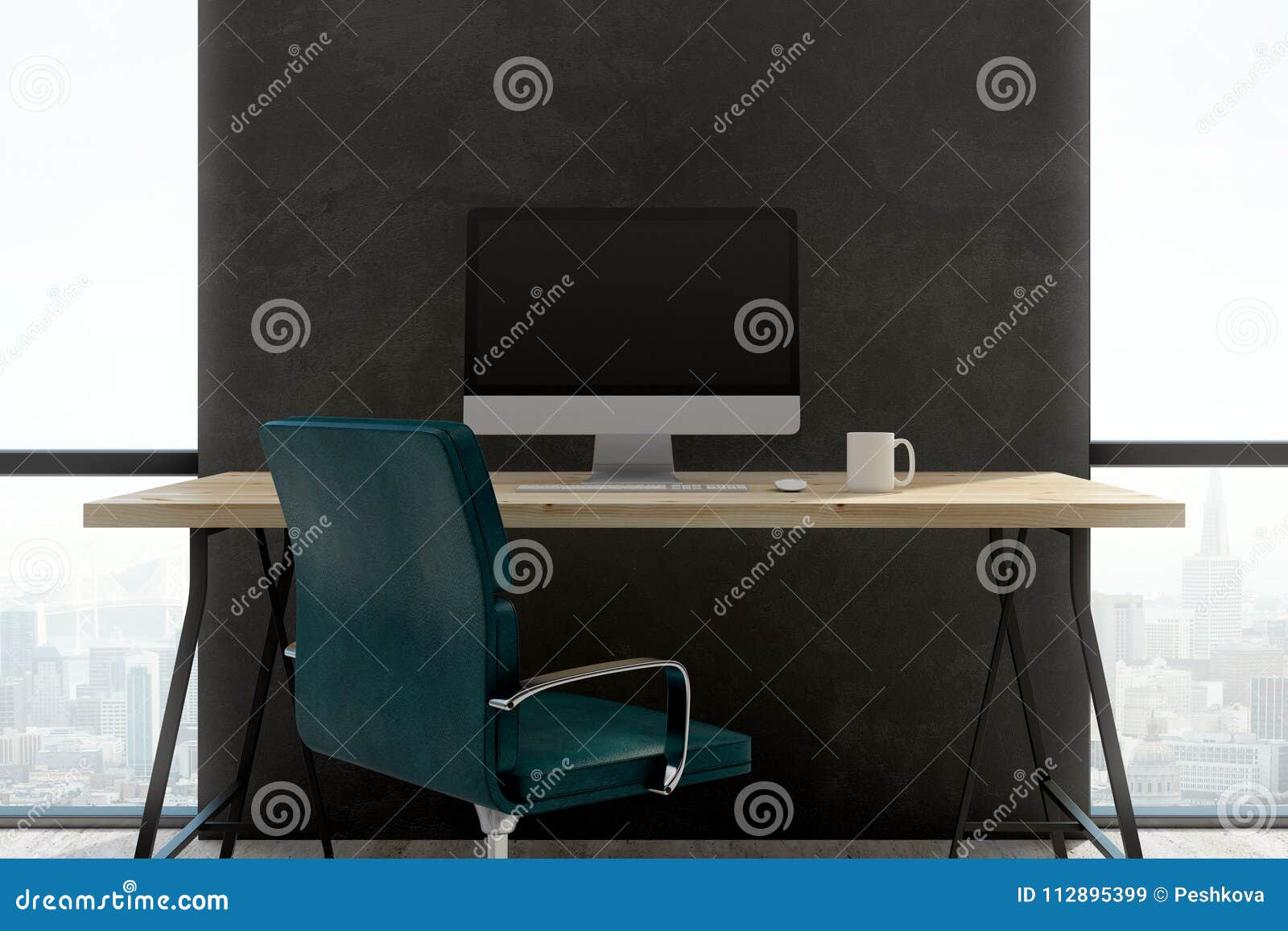 Dark Office with Empty Computer Screen Stock Image - Image of loft ...