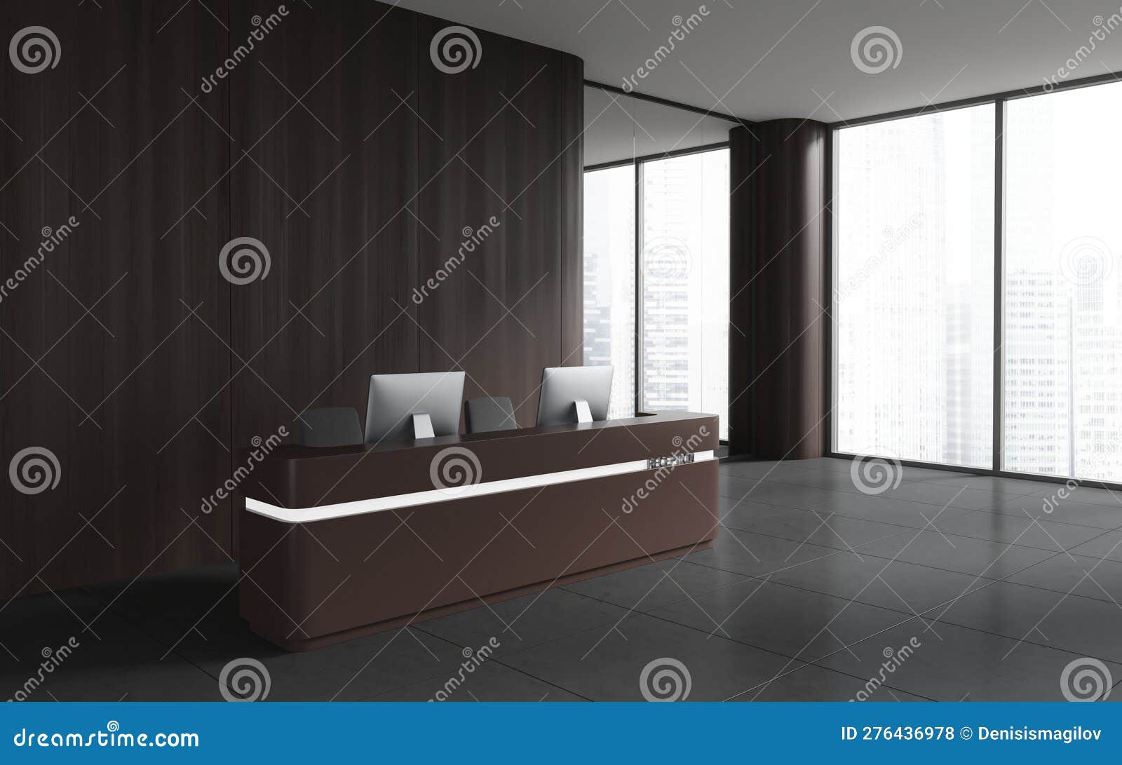 Dark Office Interior Desk with Two Pc Computers Near Window. Empty Wall ...