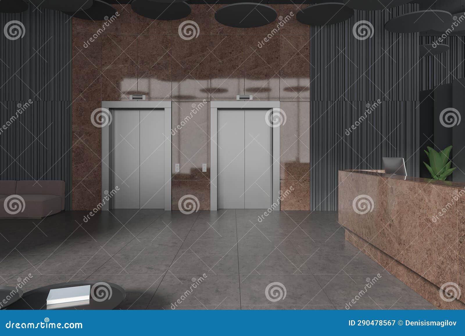 Dark Office Lobby Interior Elevators and Marble Reception Desk with Pc ...