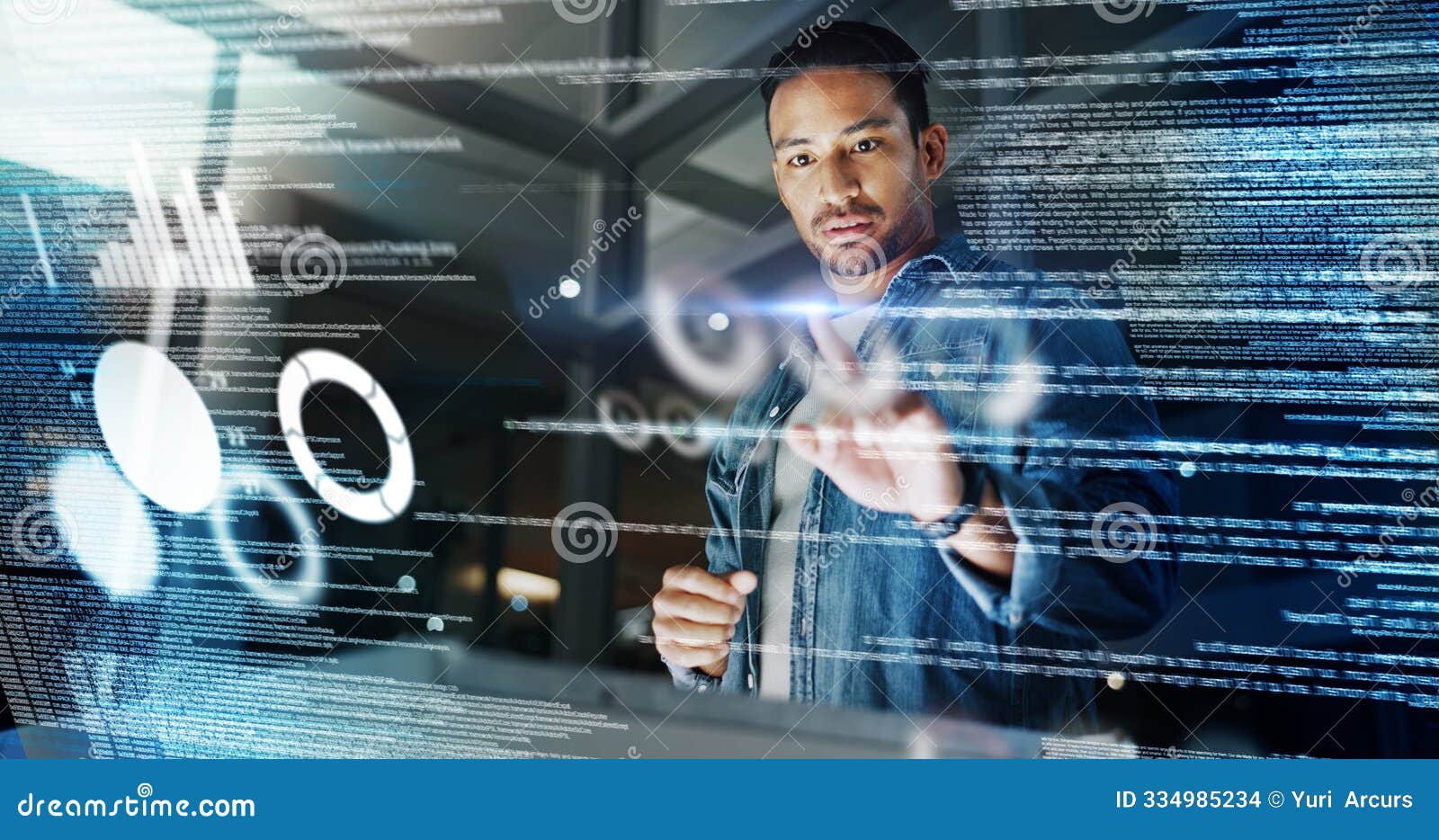 Dark, Office and Man with Data Overlay, Digital Coding and System ...