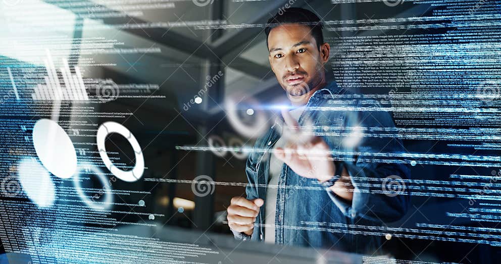 Dark, Office and Man with Data Overlay, Digital Coding and System ...