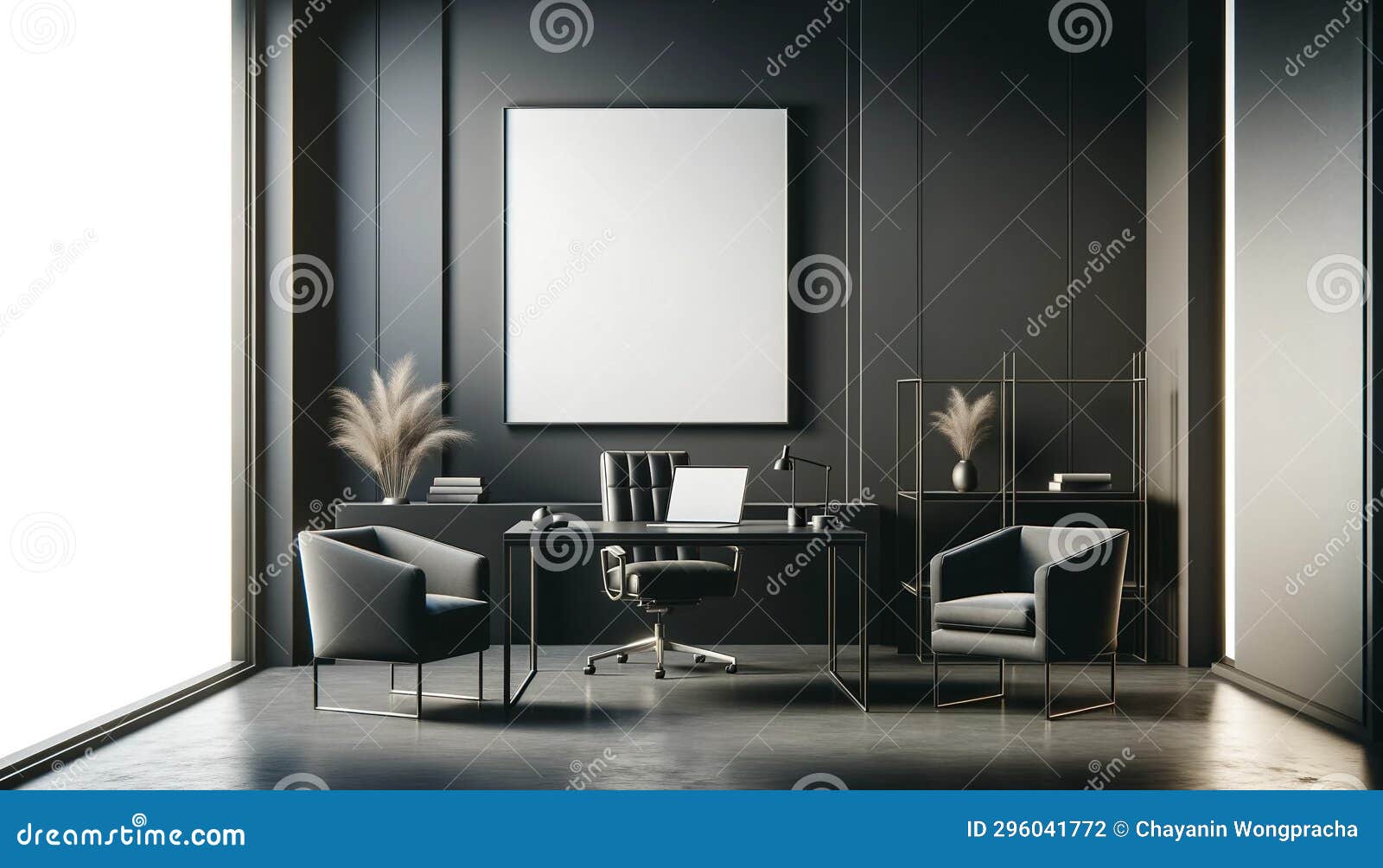 Dark Office Room Interior with Empty White Poster, Laptop and Concrete ...