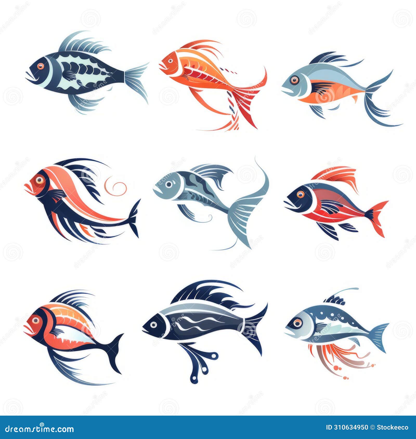Dark Orange and Light Blue Fish Logos Collection Vector Illustrations ...