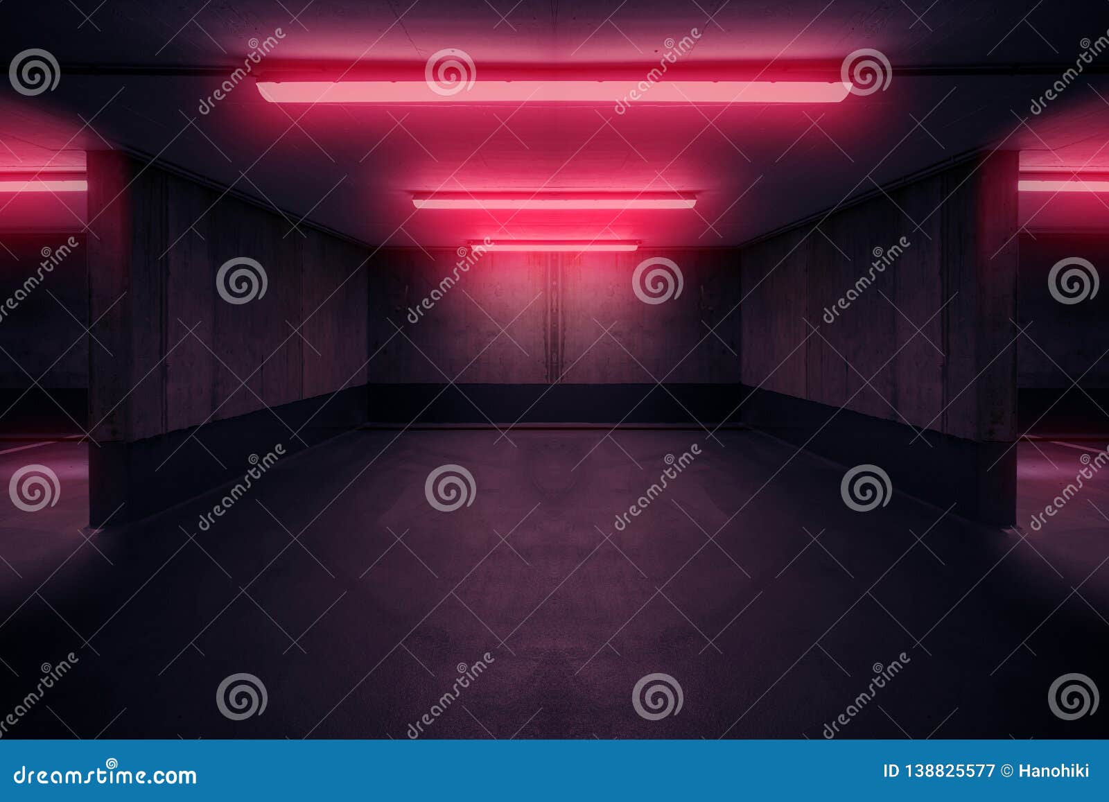Dark Parking Deck with Neon Light , Underground Basement Stock Image ...