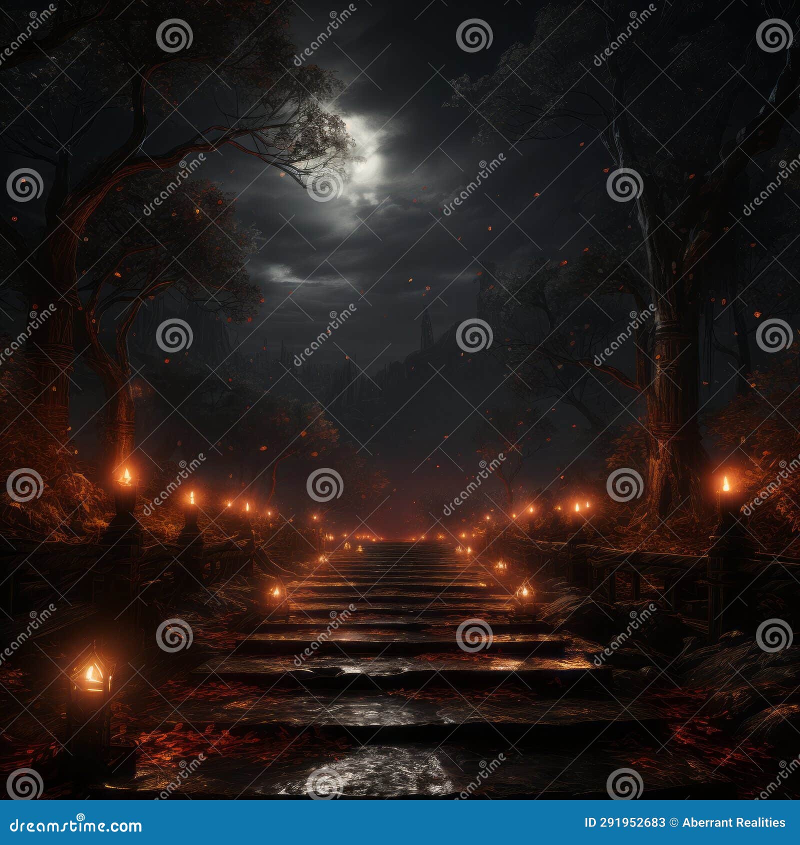 A Dark Path with Candles and Trees at Night Stock Illustration ...