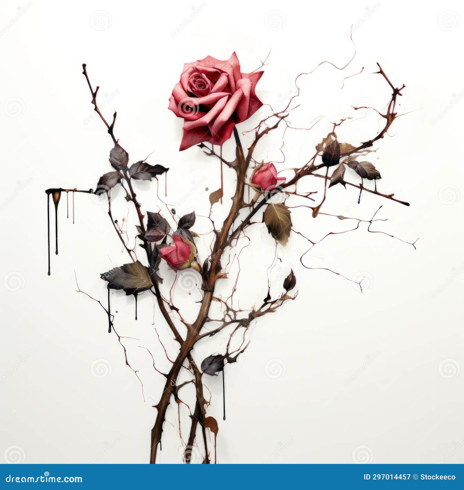 Abstract Rose Branch on White Surface: a Conceptual Installation ...