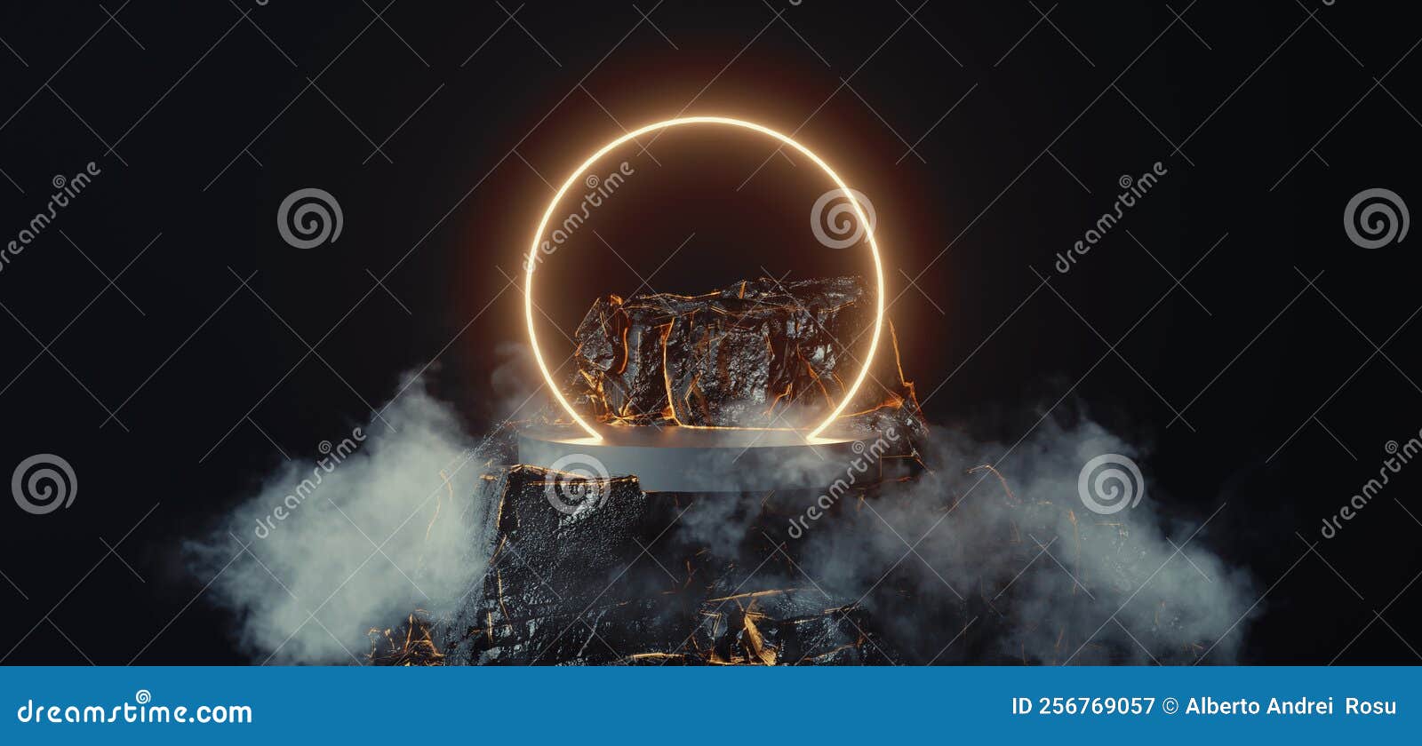 Platform on Dark Rock and Neon Light . Stock Illustration ...