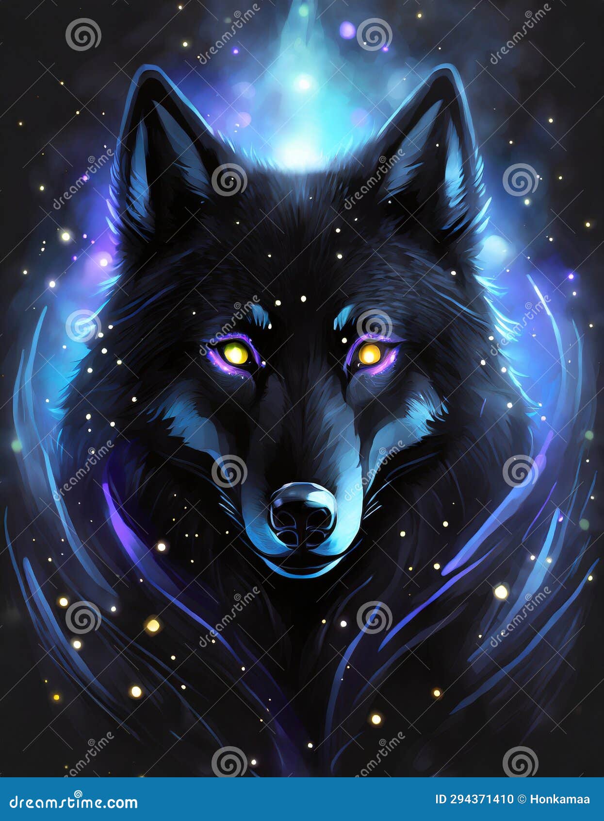 Dark Portrait of a Black Wolf with Glowing Eyes Stock Illustration ...