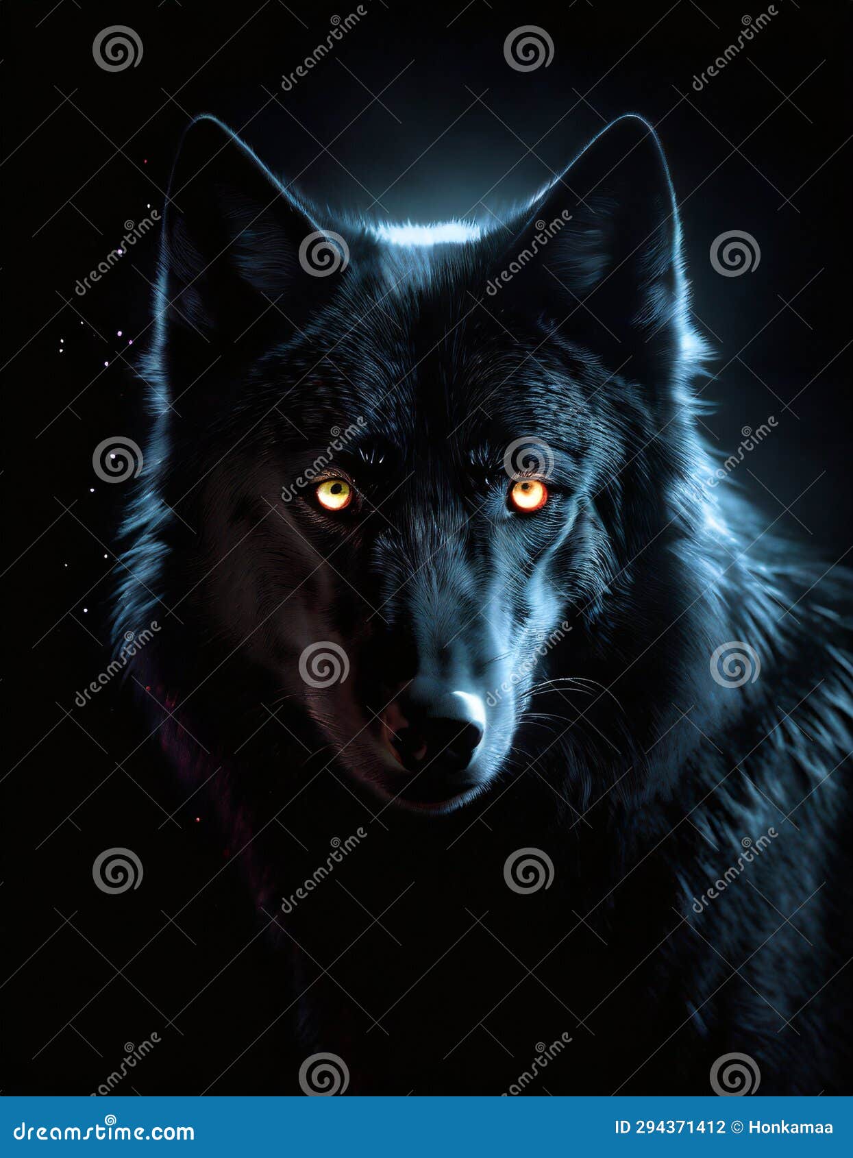 Dark Portrait of a Black Wolf with Glowing Eyes Stock Illustration ...