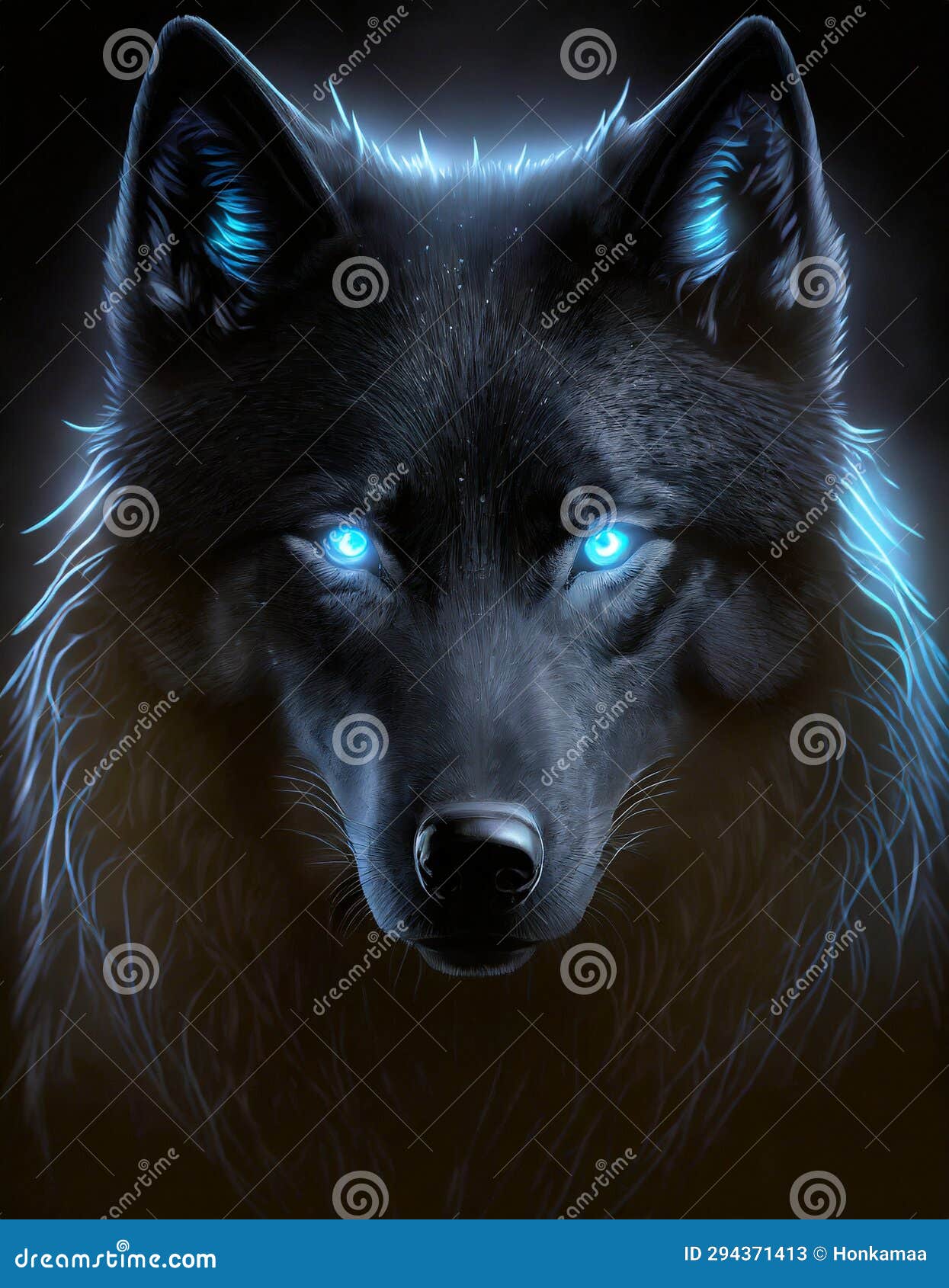 Dark Portrait of a Black Wolf with Glowing Eyes Stock Illustration ...