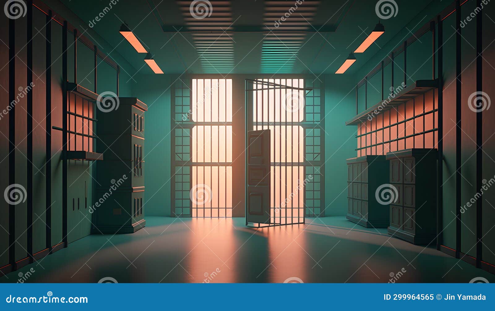 Dark Prison Interior with Door and Window. 3d Render Illustration Stock ...