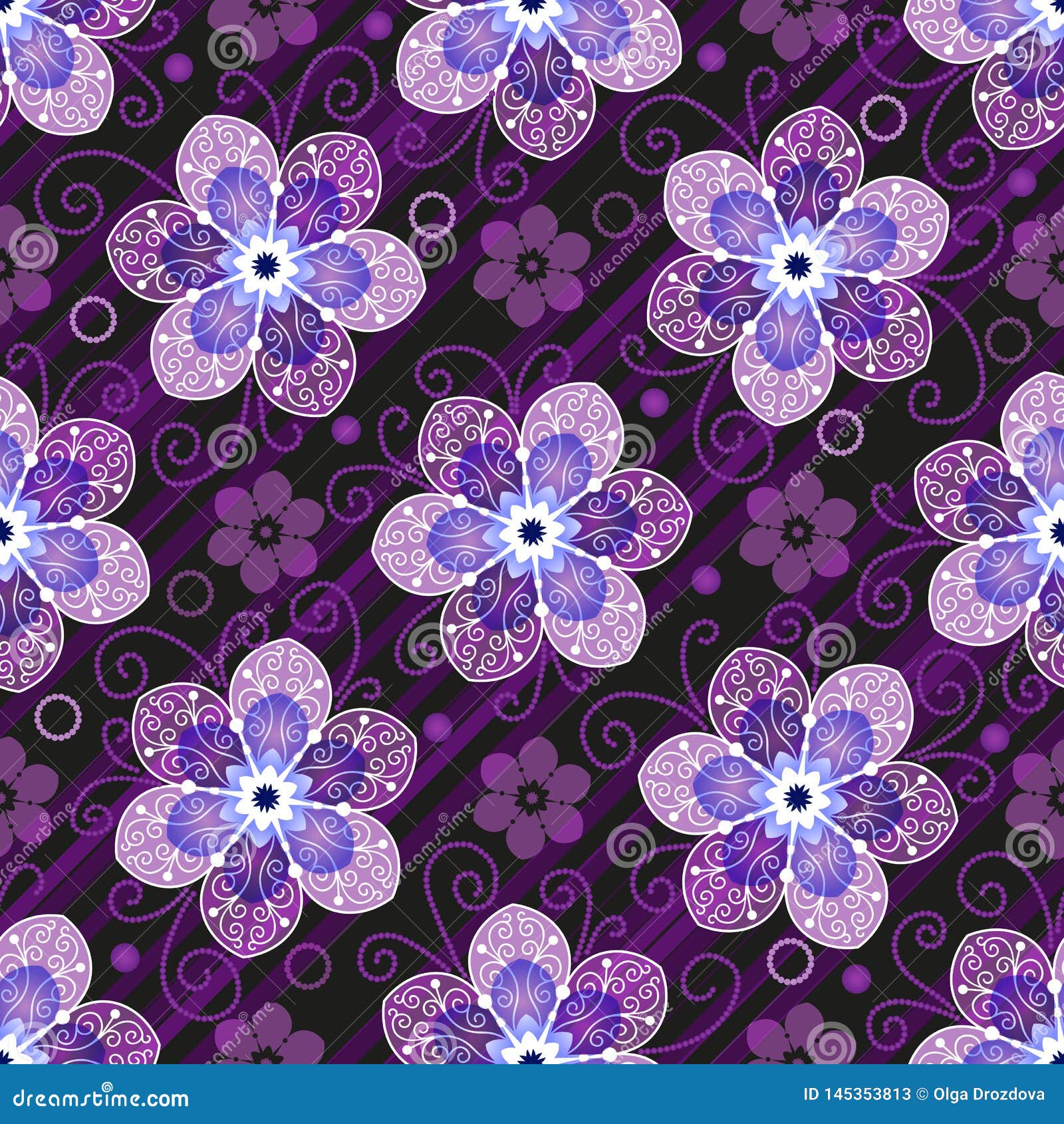 Dark Purple Seamless Pattern with Translucent Flowers Stock ...