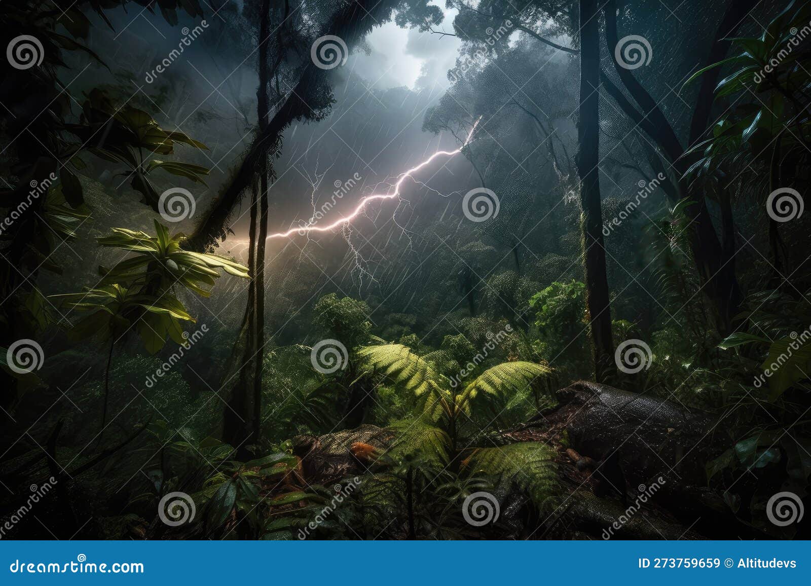 Dark Rainforest with Flash of Lightning, Capturing the Moment of a ...
