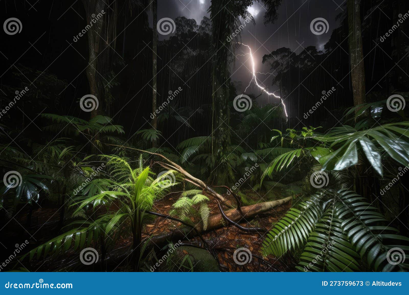 Dark Rainforest with Flash of Lightning, Capturing the Moment of a ...