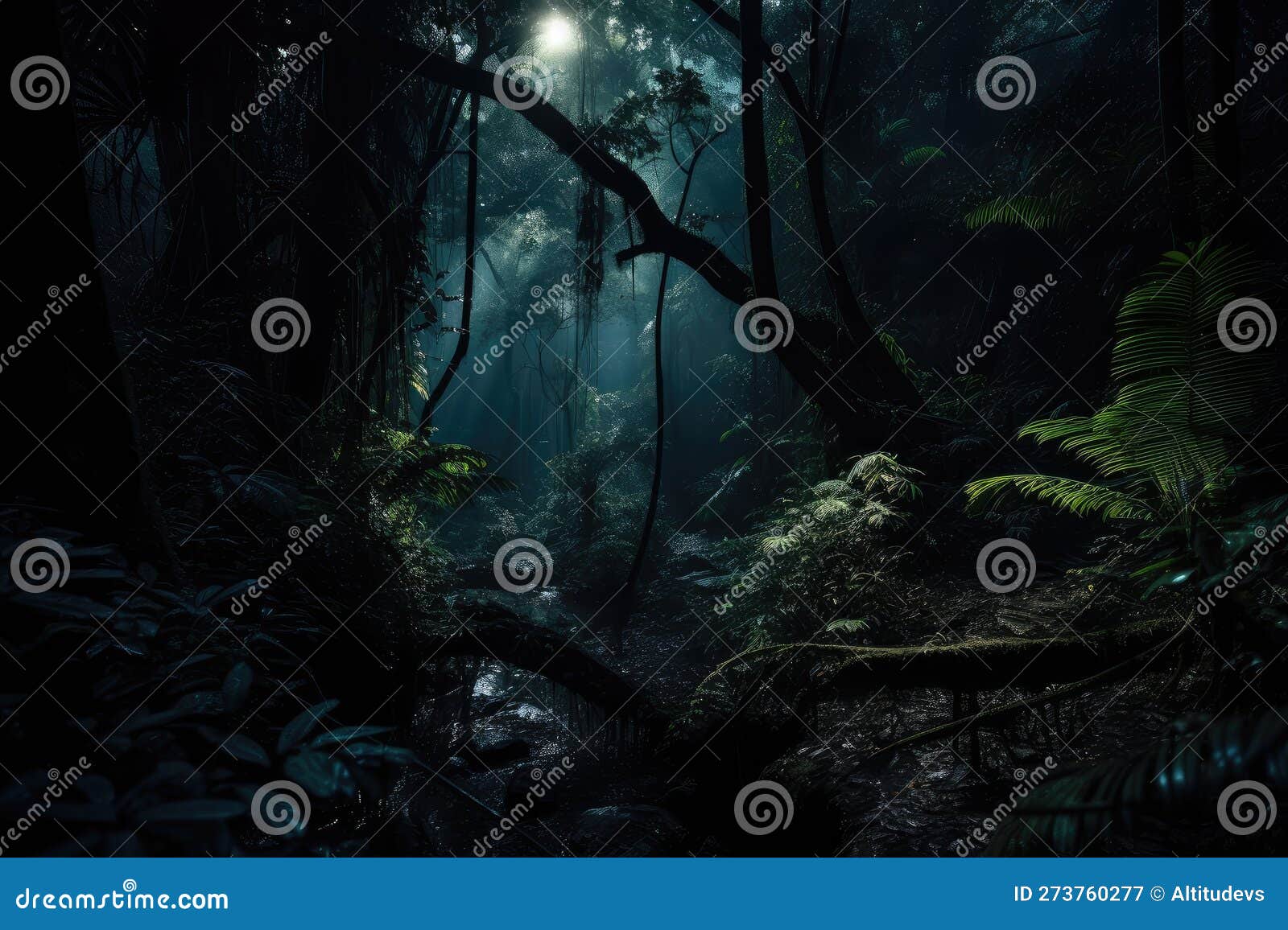The Dark Rainforest at Night, with only the Glow of the Moon Shining ...