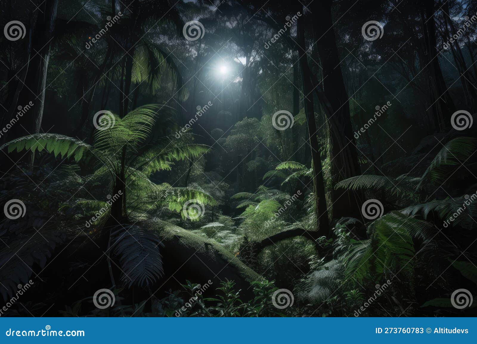 Dark Rainforest at Night, with Moonlight Shining through the Trees ...