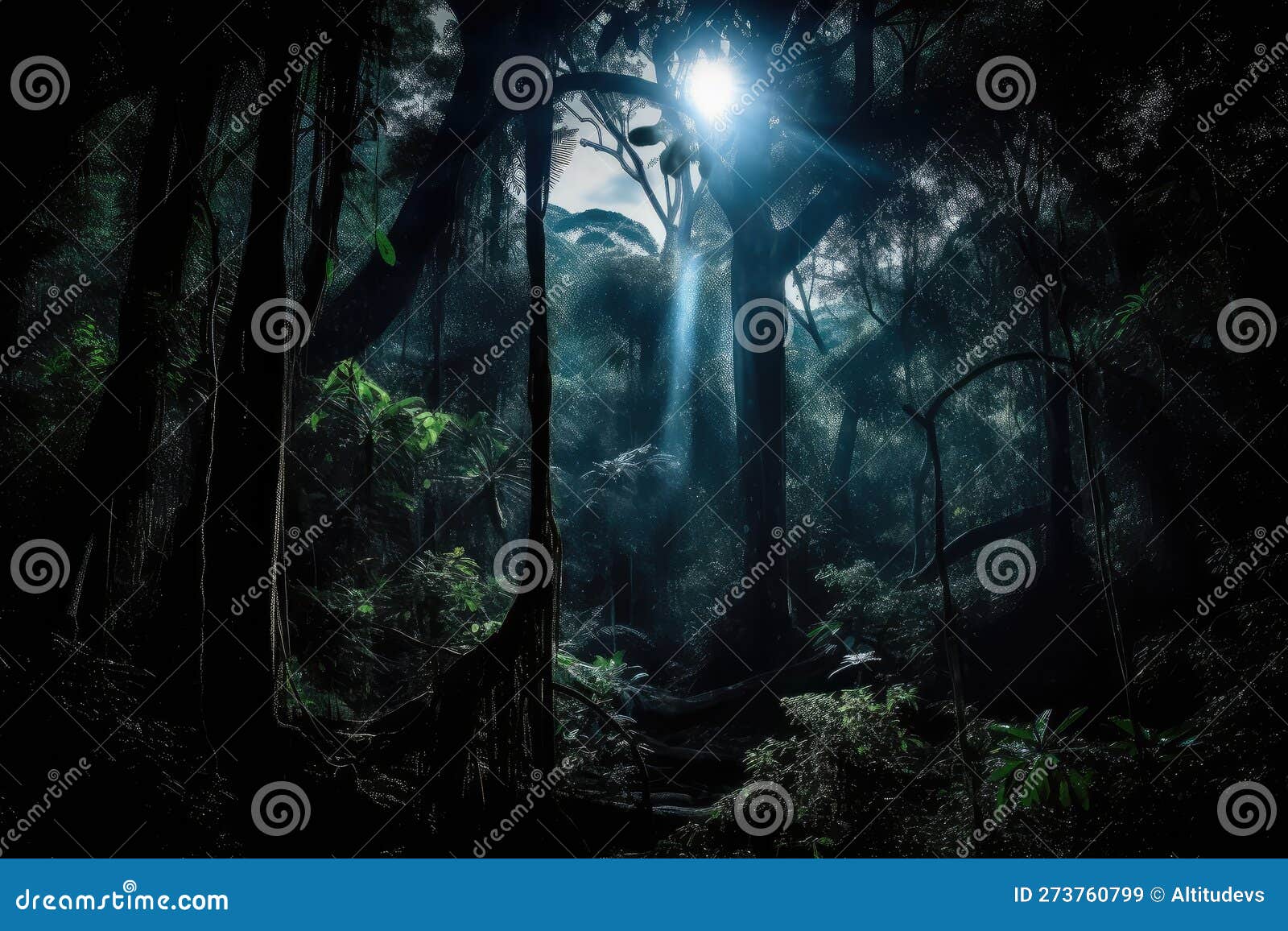 Dark Rainforest at Night, with Moonlight Shining through the Trees ...