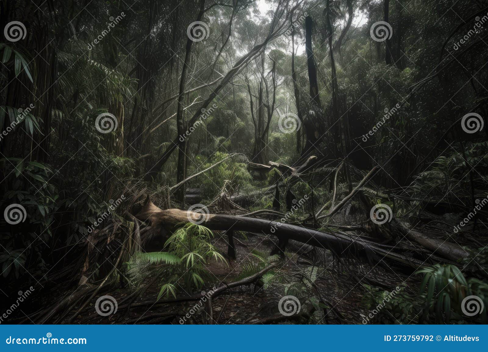 Dark Rainforest after Storm, with Trees Bent and Broken by Winds Stock Illustration ...