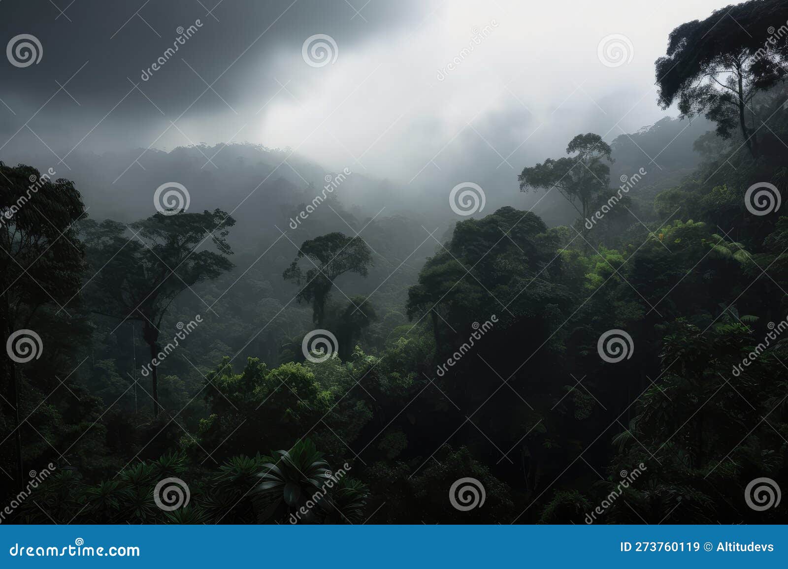 Dark Rainforest, with View of Canopy and Misty Sky Stock Illustration ...