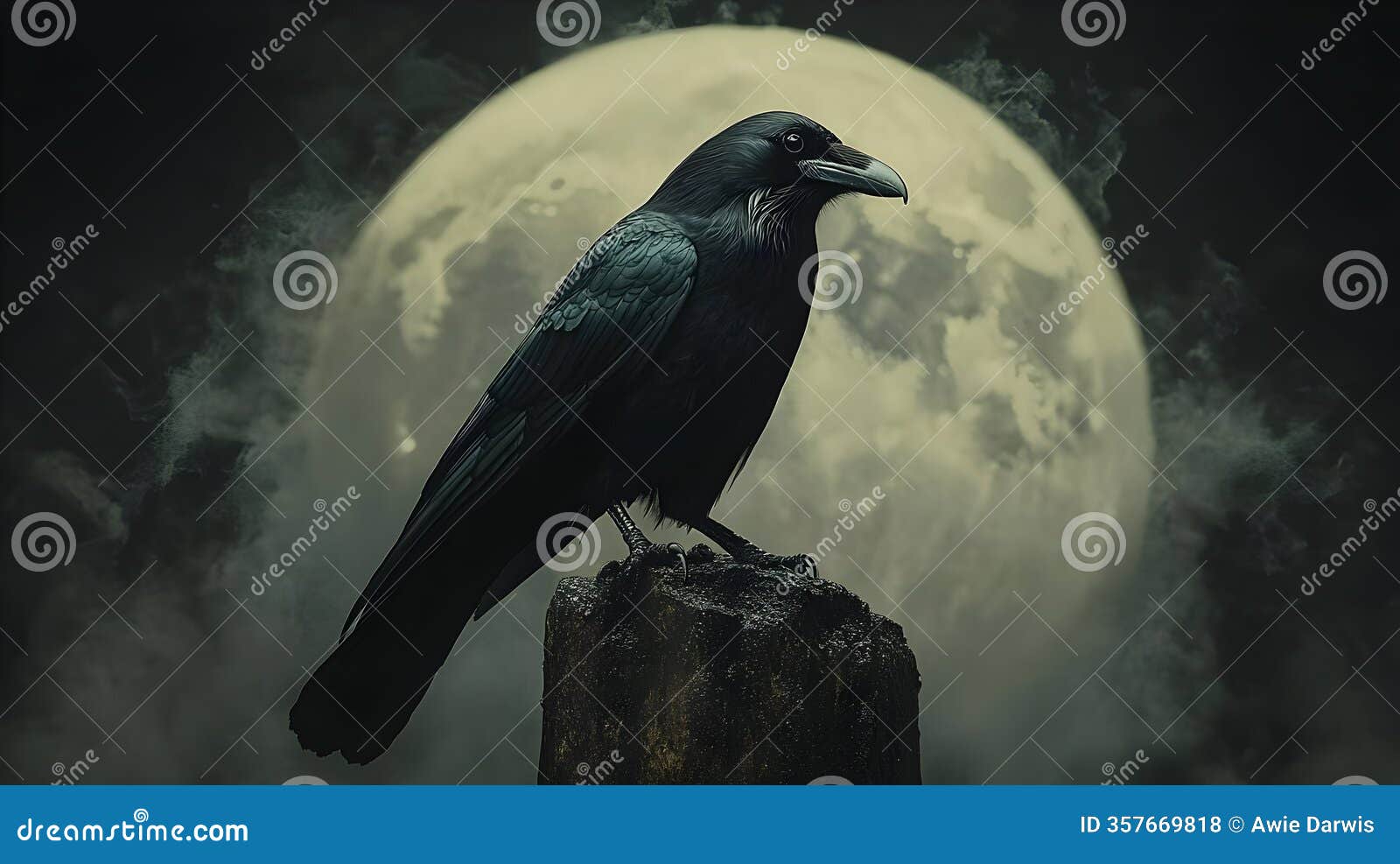 Dark Raven Illustration on Branch with Moon Stock Illustration ...