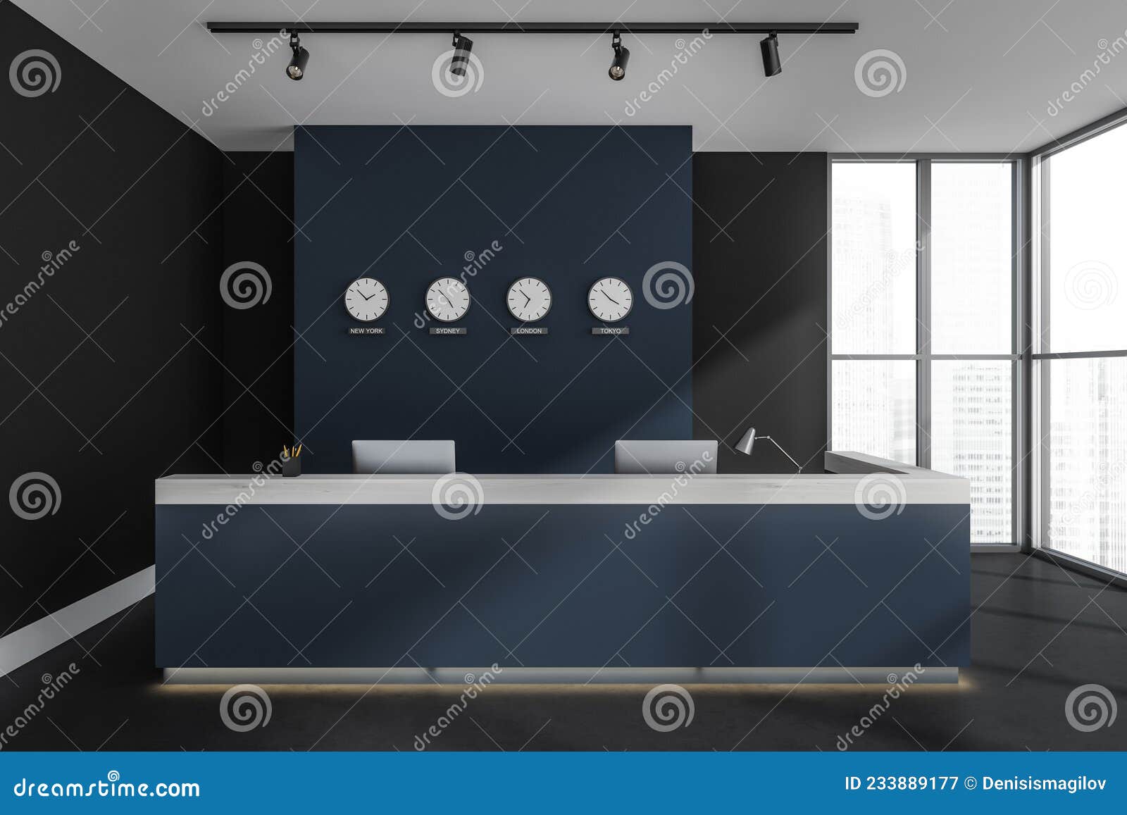 Dark Reception Interior Desk with Computers and Clocks on the Wall Near ...