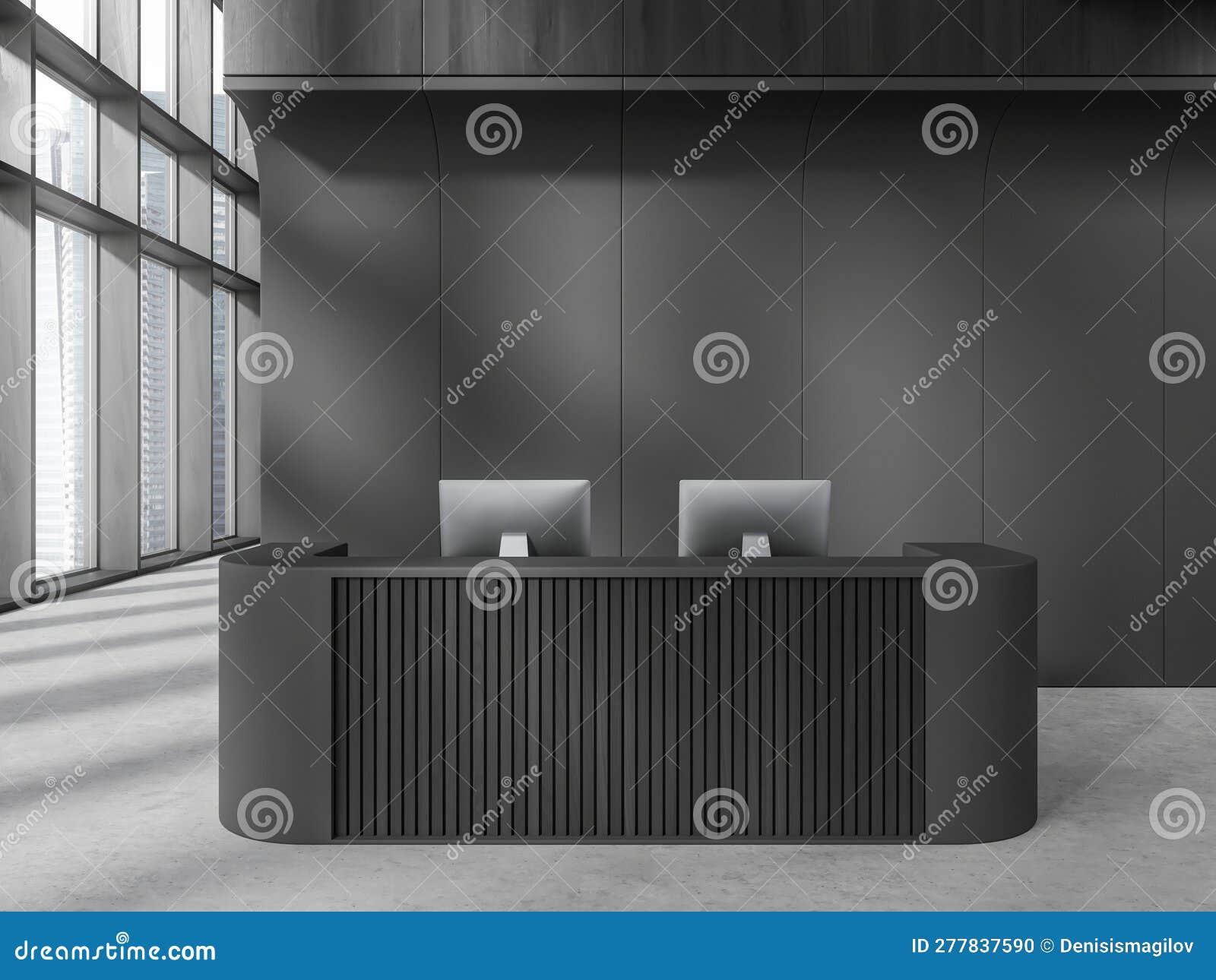 Dark Reception Desk Front View In Open Space Hall, Wooden Ceiling And ...