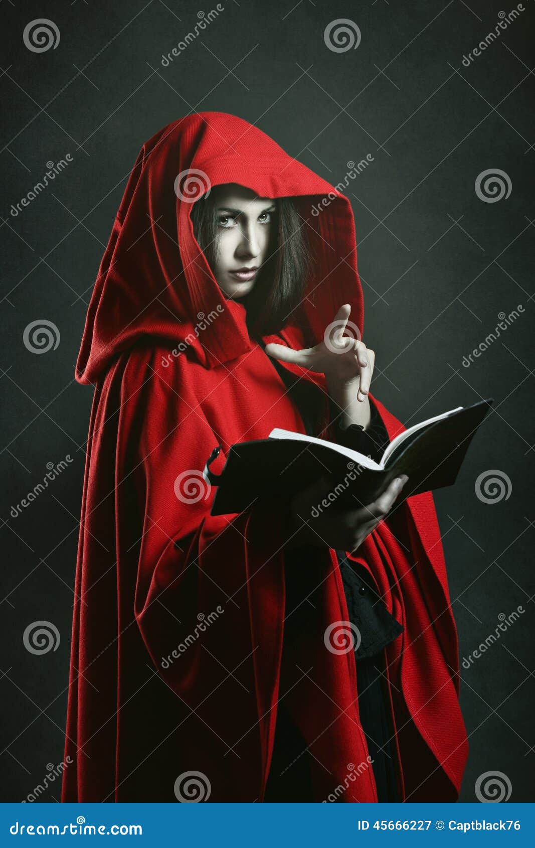 Dark Red Hooded Witch Reading a Book Stock Image - Image of young ...